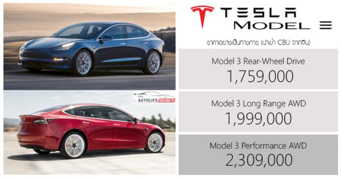 ราคาอย่างเป็นทางการ TESLA Model 3 : 1,759,000 - 2,309,000 บาท (นำเข้า ...