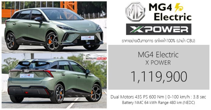 ราคาอย่างเป็นทางการ MG4 X POWER รถไฟฟ้า100% : 1,119,900 บาท | 435 แรงม้า 0-100 km/h 3.8 วินาที ...